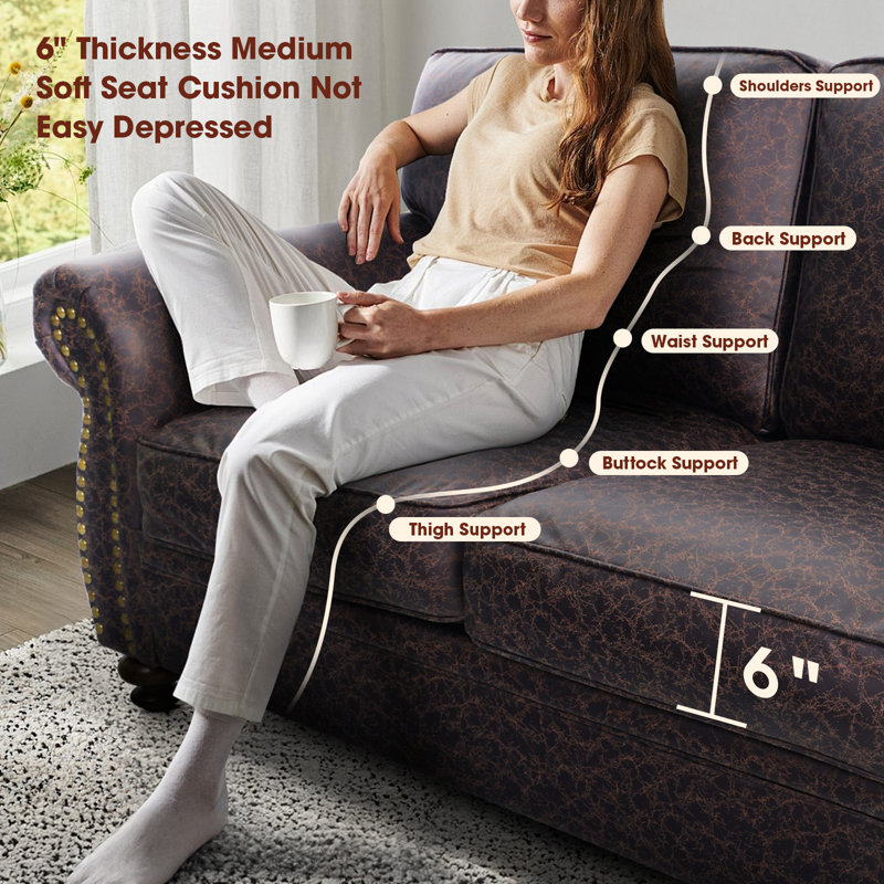 Charlton Home 88" Wide Faux Leather Rolled Arm Sofa Nailhead Trim & Solid Wood Legs - Wayfair Canada